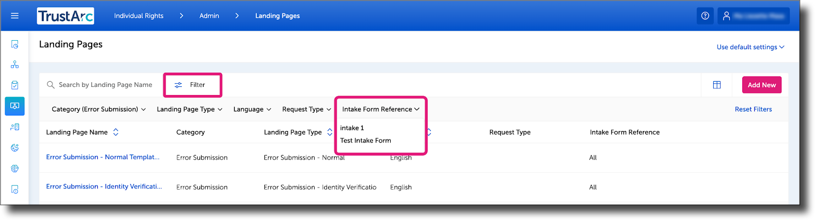 Filtering Landing Pages – TrustArc Help Center