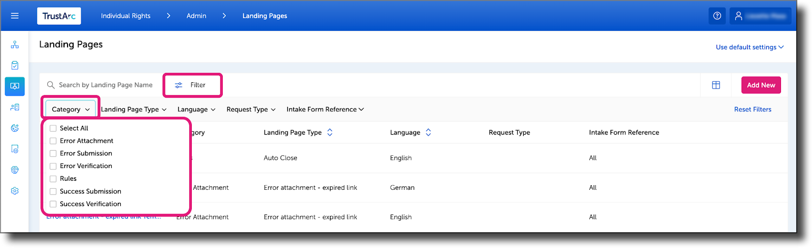 Filtering Landing Pages – TrustArc Help Center