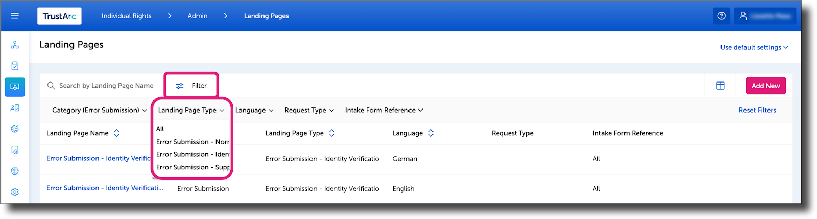 Filtering Landing Pages – TrustArc Help Center