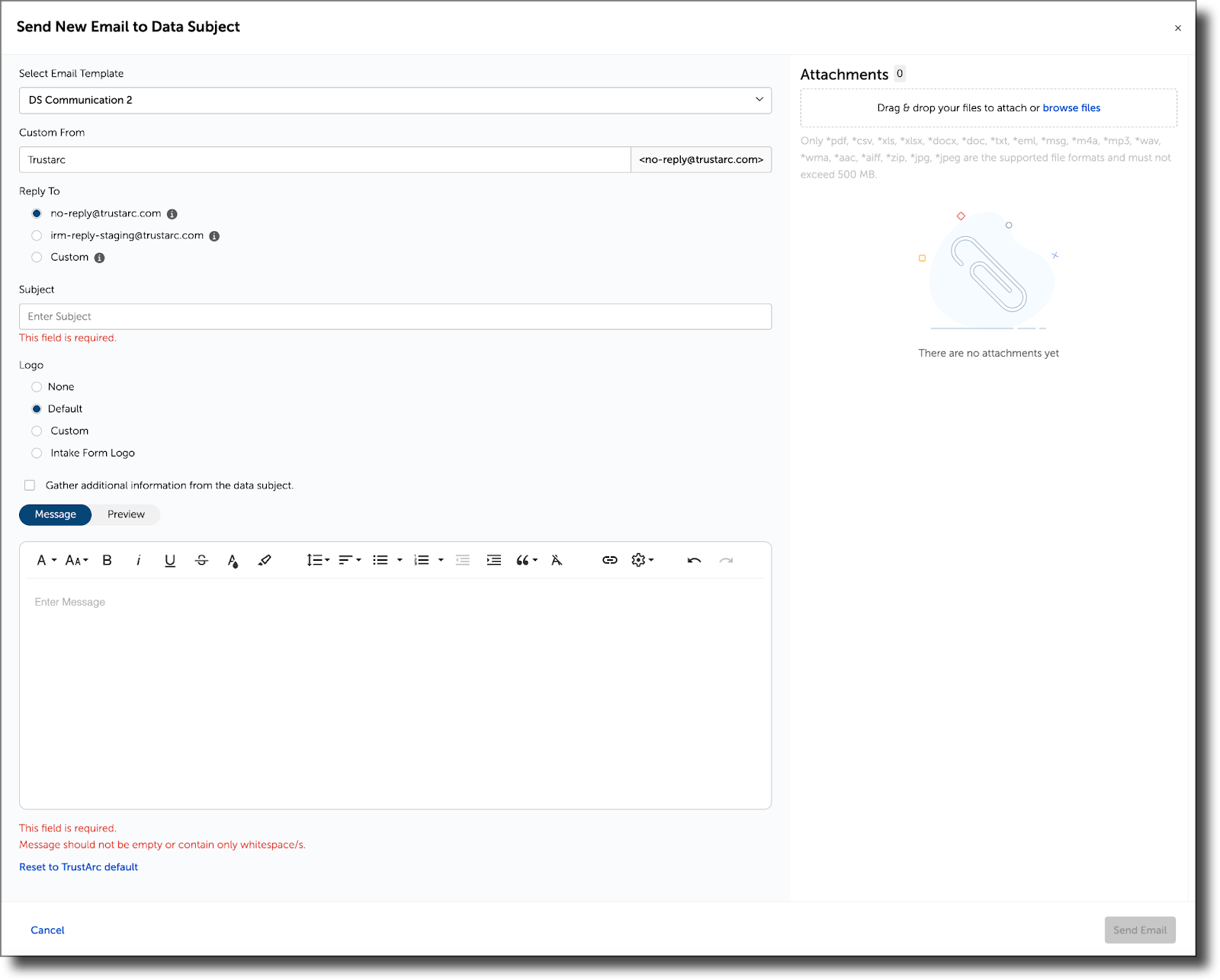 Sending Emails to Data Subject – TrustArc Help Center
