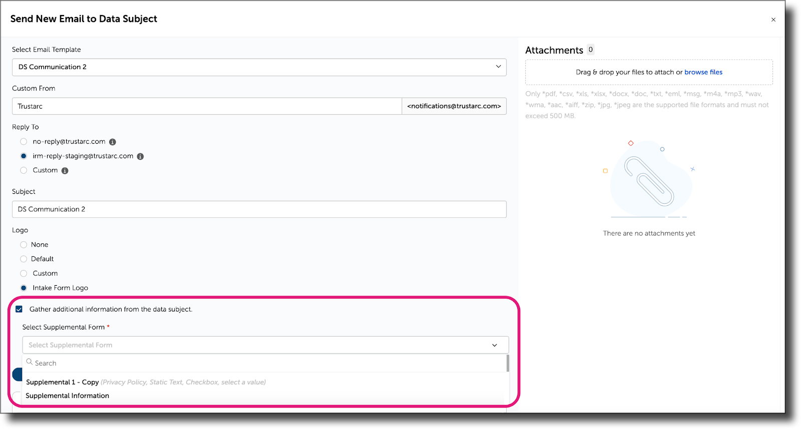 Sending Emails to Data Subject – TrustArc Help Center