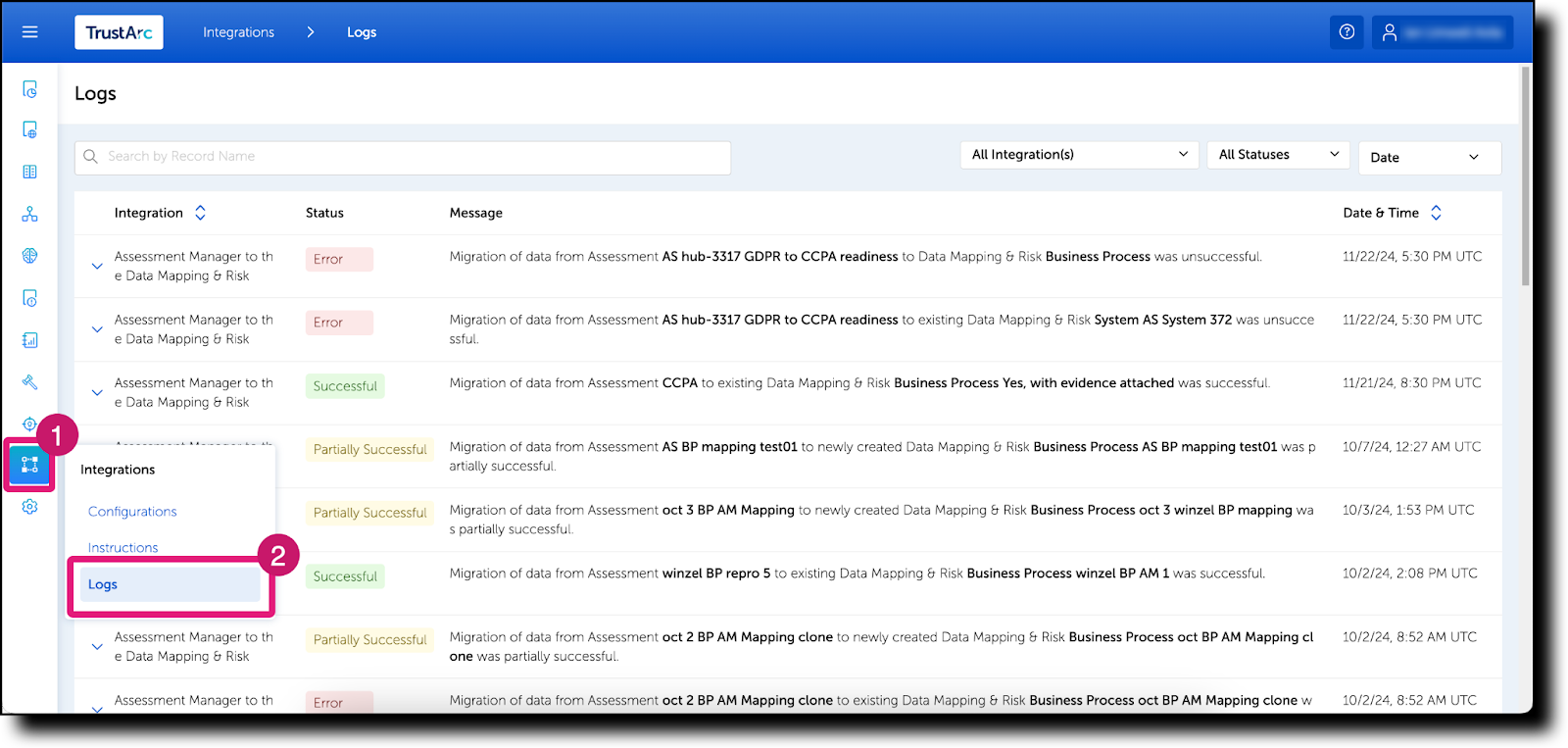 Logs (AM to Data Mapping & Risk Configuration) – TrustArc Help Center
