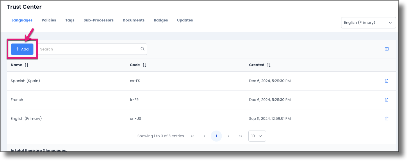 Adding languages – TrustArc Help Center