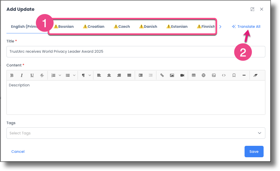 Creating Updates – TrustArc Help Center