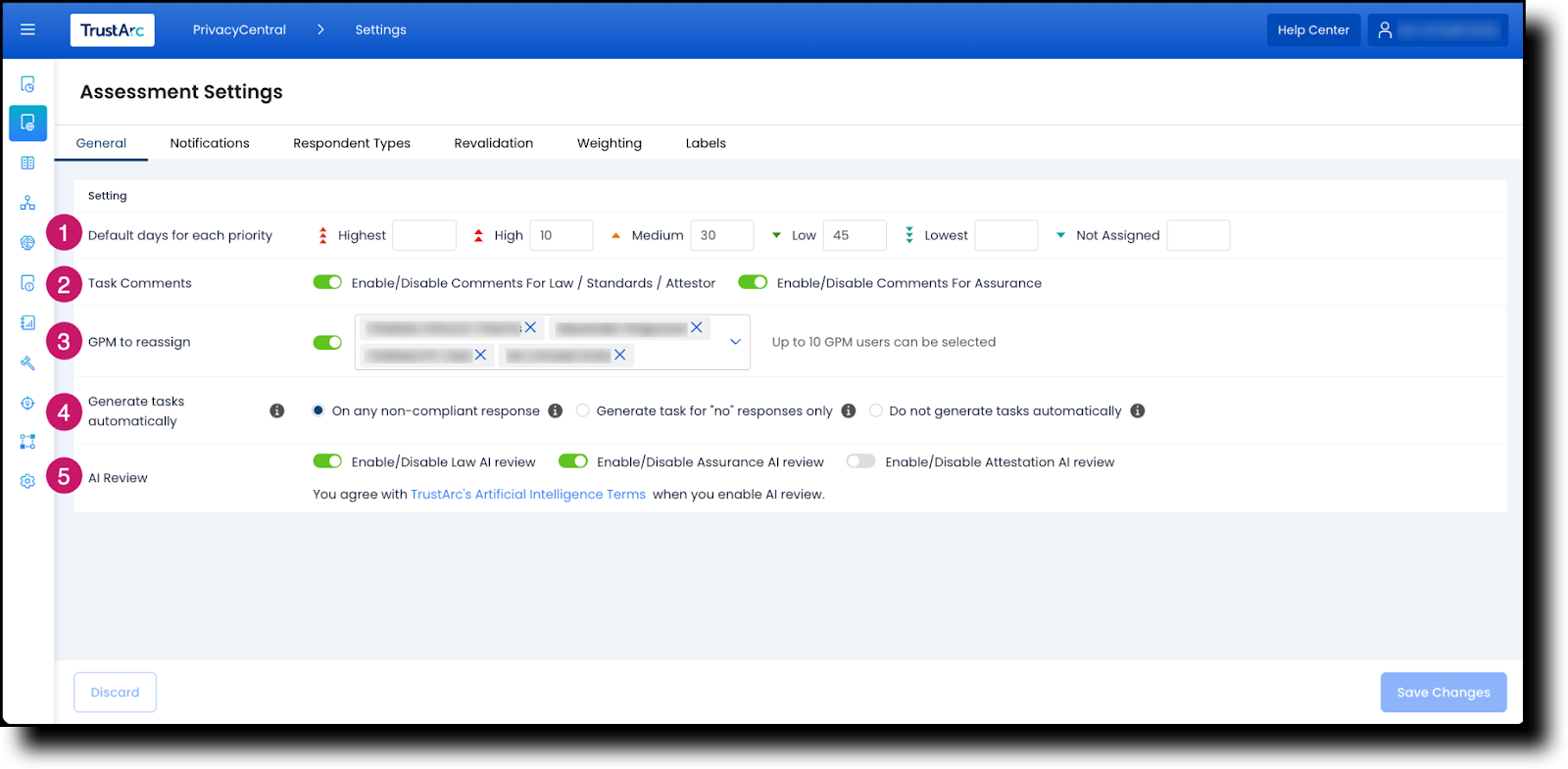 Assessment Settings – TrustArc Help Center
