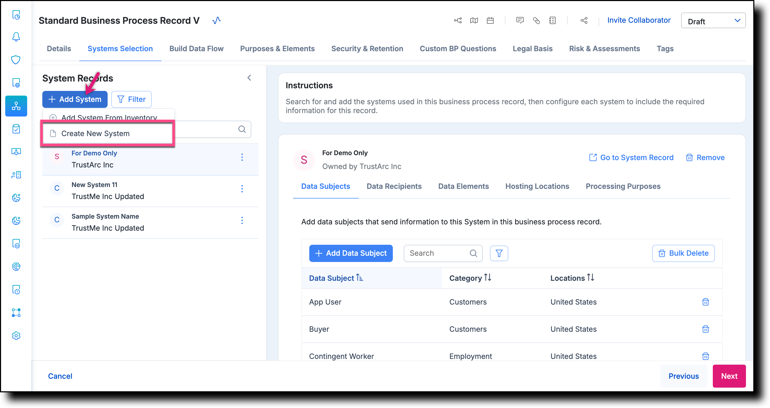 Creating a Standard Business Process Record – TrustArc Help Center