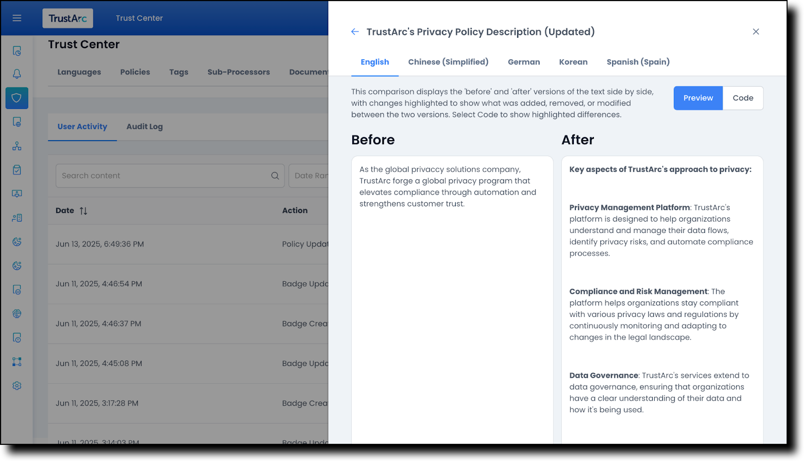 Trust Center History tab – TrustArc Help Center