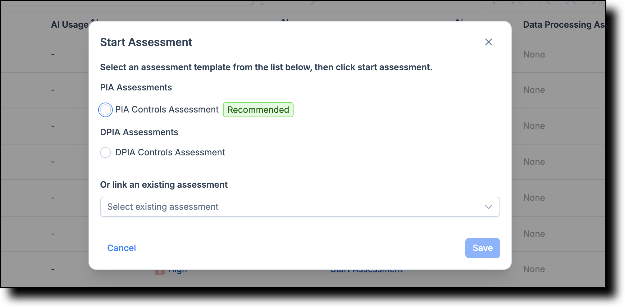 Starting a Residual Risk Assessment from the Hub list pages – TrustArc ...