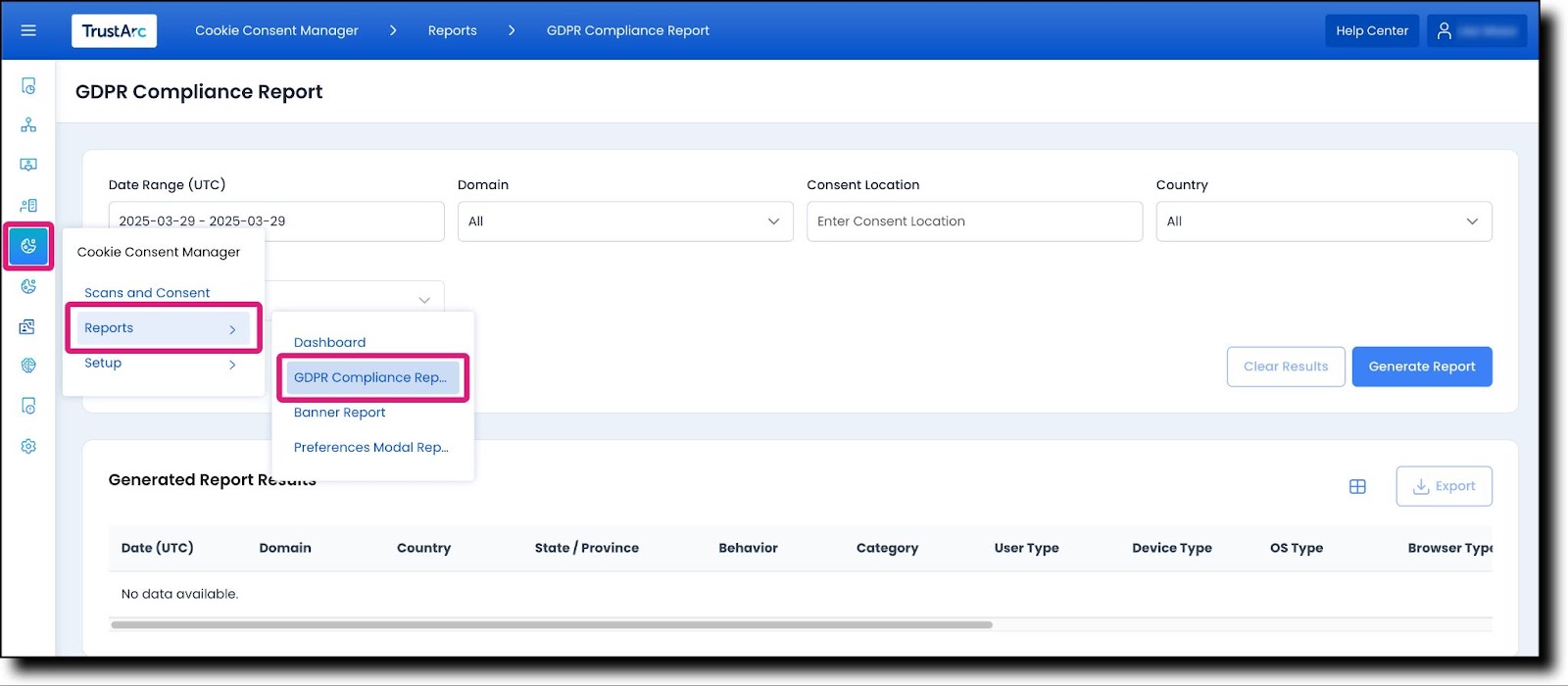 Exporting GDPR Compliance Report – TrustArc Help Center