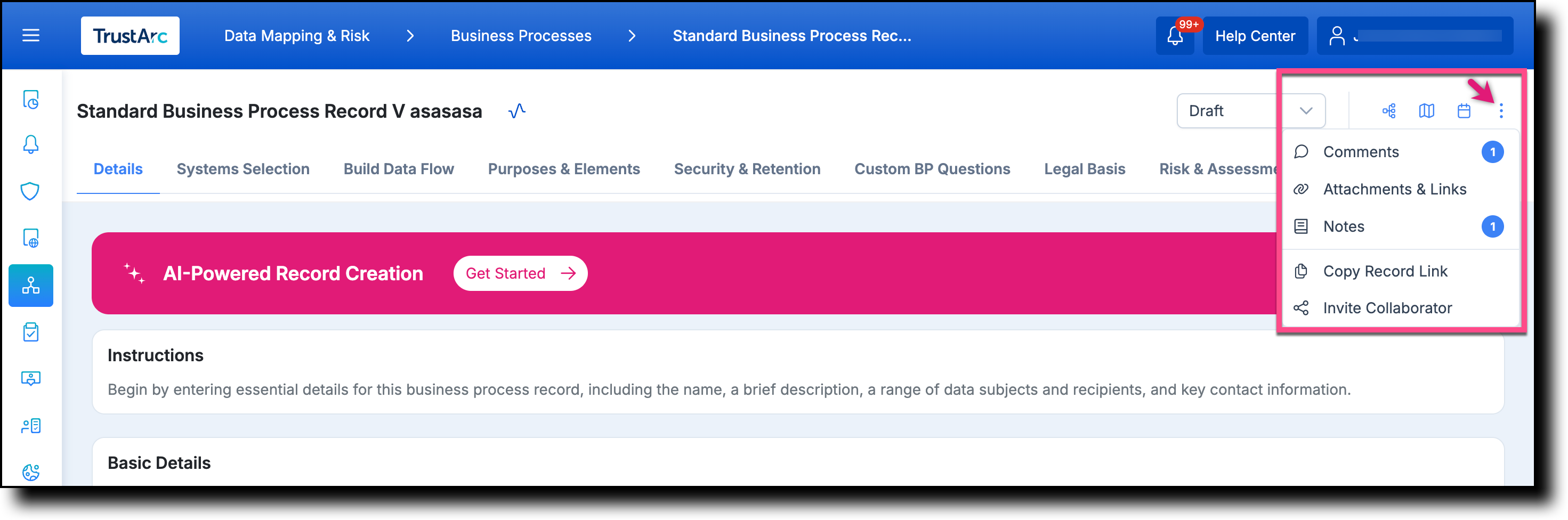 Creating a Standard Business Process Record – TrustArc Help Center