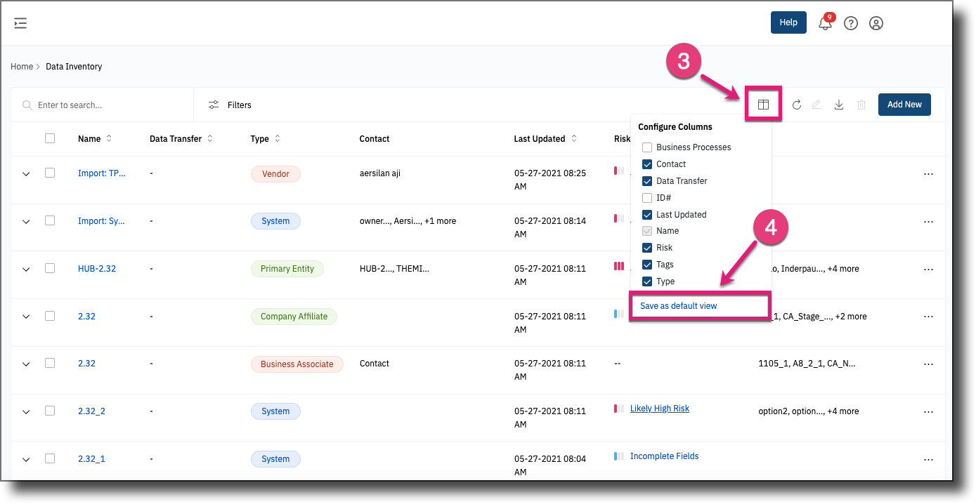 Configuring Columns in the Data Inventory All Records page – TrustArc