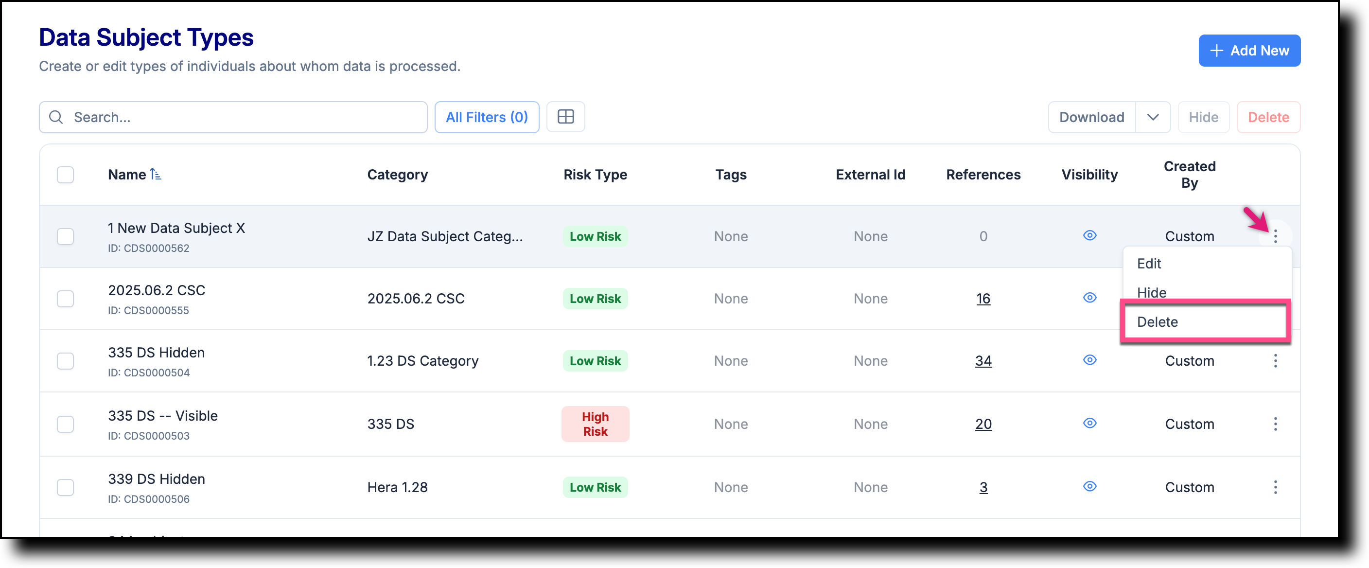 Deleting Custom Data Subjects – TrustArc Help Center