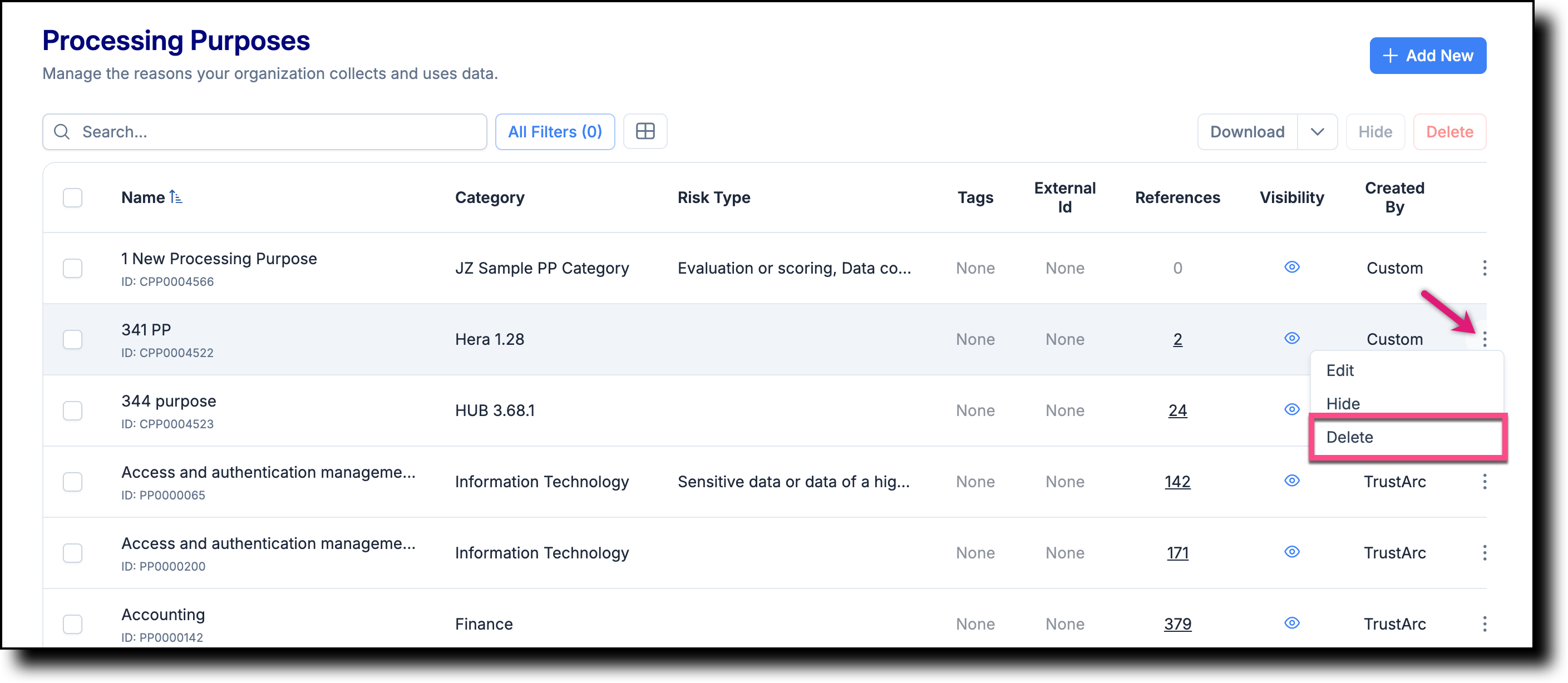 Deleting Custom Processing Purposes – TrustArc Help Center
