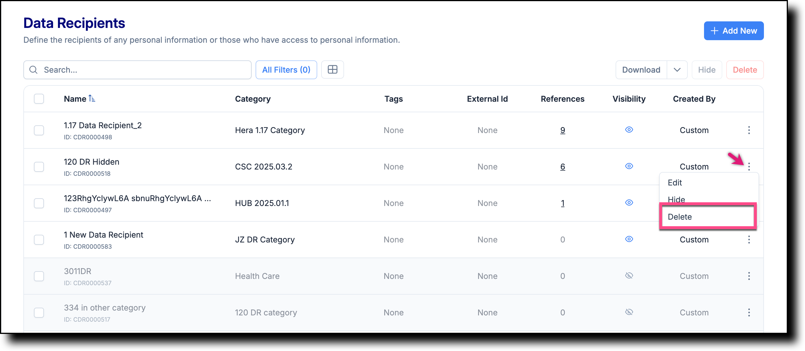 Deleting Custom Data Recipients – TrustArc Help Center