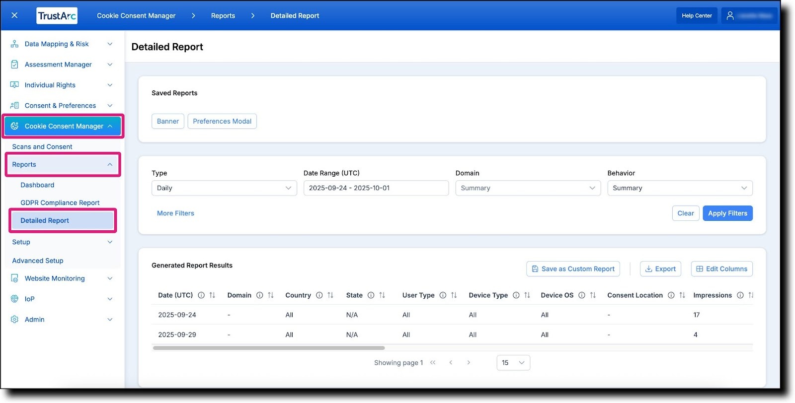 Detailed Report Page – TrustArc Help Center