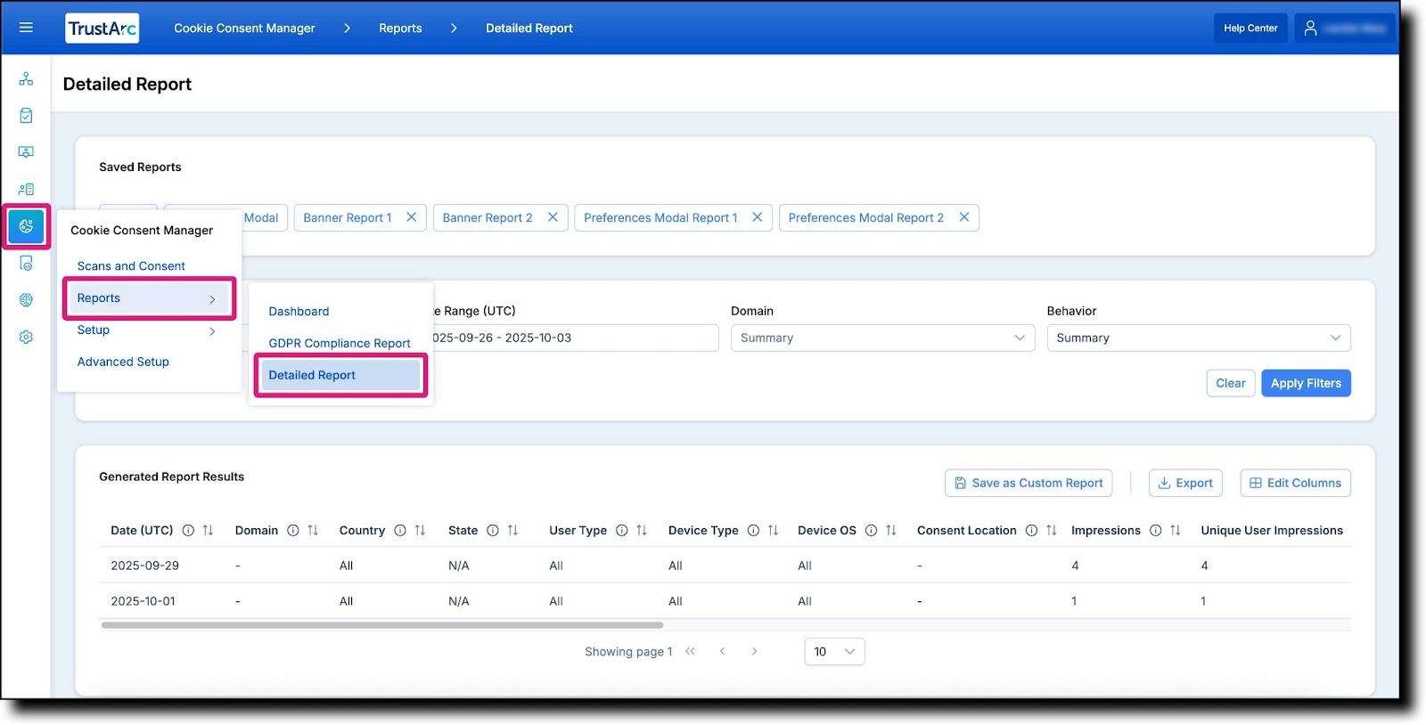 Exporting Preferences Modal Report – TrustArc Help Center